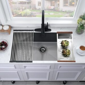 25 Inch Drop In Kitchen Sink Stainless Steel-Bokaiya 25x22 Topmount Kitchen Sink Drop In 16 Gauge Deep Single Bowl Kitchen Sink with Dish Grid& Roll Up Rack