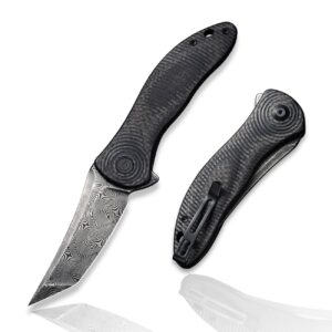 civivi pocket folding knife for edc, 3.24" damascus tanto blade, jim o’young synergy 3 liner lock knife c20075b-ds1