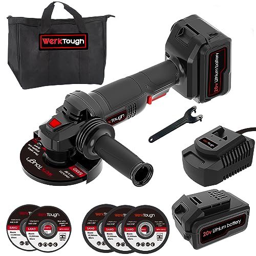 WERKTOUGH 20V Cordless Angle Grinder Kit 4-1/2 Inch with 4.0Ah Lithium-Ion Battery & Fast Charger High Speed 8000rpm Easy Handle with 3pcs Cutting Disc and 2pcs Grinding Disc in Tool Bag