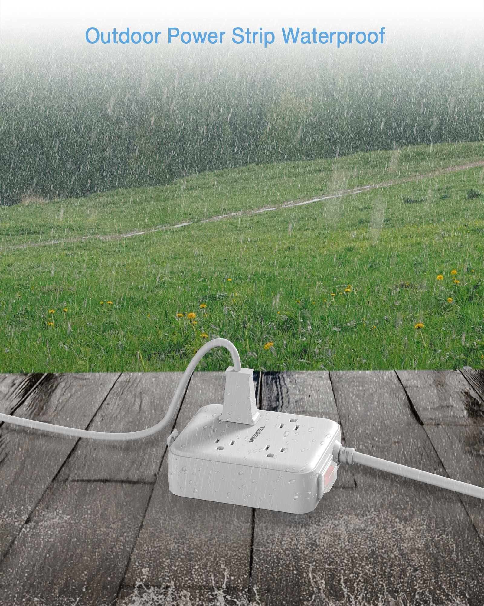 Outdoor Power Strip Weatherproof, TESSAN Waterproof Surge Protector with 4 Outlets 2 USB, Extension Cord 6 ft, Overload Protection, Shockproof, Flat Plug, Mountable for Bathroom Patio Garden, White