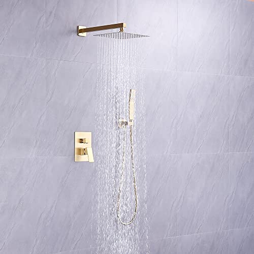 KETIPED Bathroom Wall Mounted Shower System 10 Inches Rainfall Shower Head And Handheld Shower Head Combo Set Rough-in Valve Body And Trim valve Included,HS-010BG