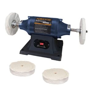 powertec bf601c bench buffer polisher with 2 extra buffing wheels, 6 inch buffing & polishing bench grinder machine for metal, jelwelry, knives, wood, jade and plastic,blue/black