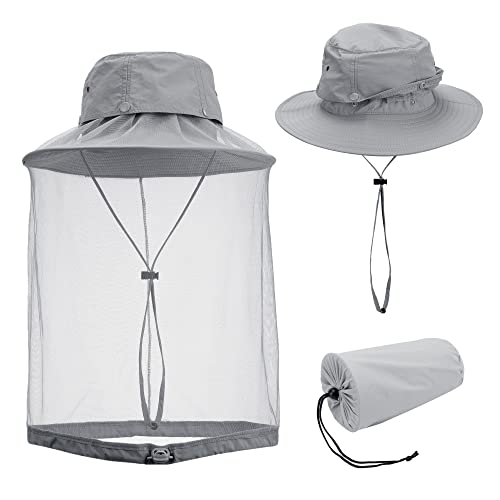 Yoption Mosquito Head Net Hat, Sun Hat Bucket Hat with Hidden Net Mesh for Outdoor Fishing Hiking Safari Gardening, with Carry Bags, for Men Women (Grey)