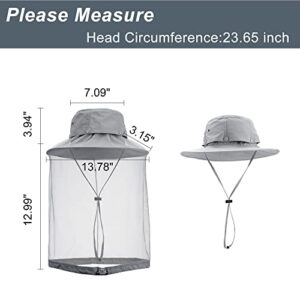 Yoption Mosquito Head Net Hat, Sun Hat Bucket Hat with Hidden Net Mesh for Outdoor Fishing Hiking Safari Gardening, with Carry Bags, for Men Women (Grey)