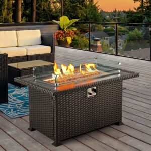 Vicluke Aluminum Fire Pit Table, Propane Fire Pit Table for Outside, 44in 50,000 BTU Auto-Ignition Gas Fire Table w/CSA Certification, Hand-Painted Table Top, Wind Guard, Cover, Glass Beads (Brown)