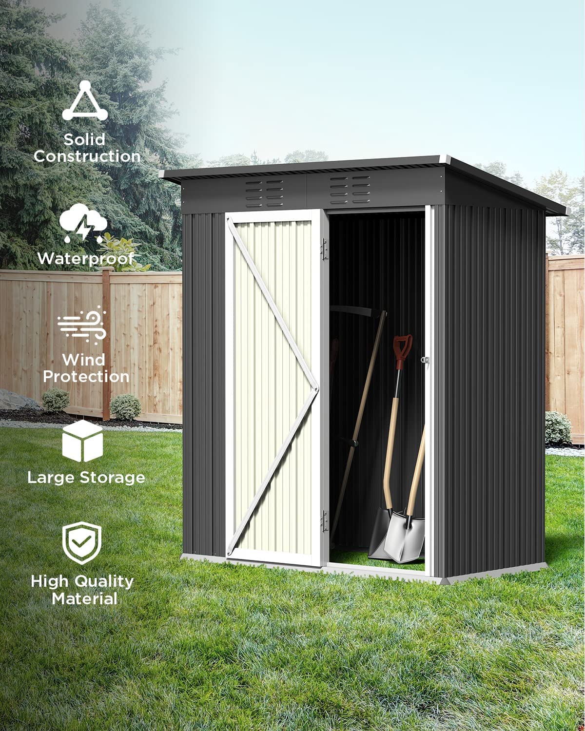 Bealife 5' x 3' Outdoor Storage Shed Clearance, Metal Outdoor Storage Cabinet with Single Lockable Door, Waterproof Tool Shed, Backyard Shed for Garden, Patio and Lawn(Grey)