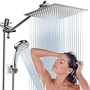 shower head, 10" high pressure rainfall shower head with 11" adjustable extension arm and 9 settings handheld showerhead combo with holder, retractable 59" hose, flow regulator, chrome