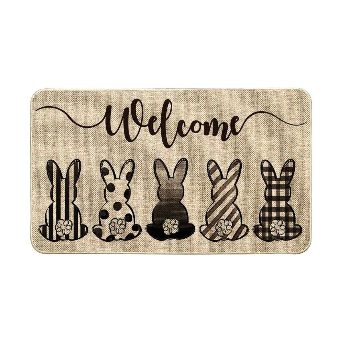 Artoid Mode Cute Bunny Sketch Buffalo Plaid Stripes Dot Welcome Easter Doormat, Seasonal Spring Summer Holiday Low-Profile Yard Floor Switch Mat for Indoor Outdoor 17 x 29 Inch