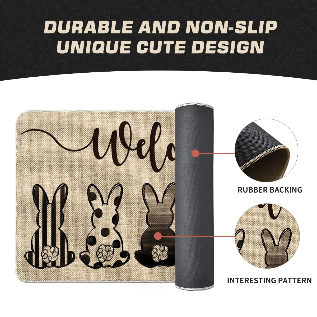 Artoid Mode Cute Bunny Sketch Buffalo Plaid Stripes Dot Welcome Easter Doormat, Seasonal Spring Summer Holiday Low-Profile Yard Floor Switch Mat for Indoor Outdoor 17 x 29 Inch