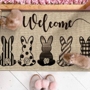 Artoid Mode Cute Bunny Sketch Buffalo Plaid Stripes Dot Welcome Easter Doormat, Seasonal Spring Summer Holiday Low-Profile Yard Floor Switch Mat for Indoor Outdoor 17 x 29 Inch