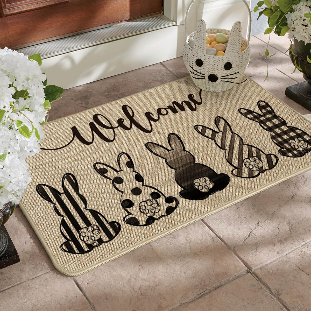 Artoid Mode Cute Bunny Sketch Buffalo Plaid Stripes Dot Welcome Easter Doormat, Seasonal Spring Summer Holiday Low-Profile Yard Floor Switch Mat for Indoor Outdoor 17 x 29 Inch