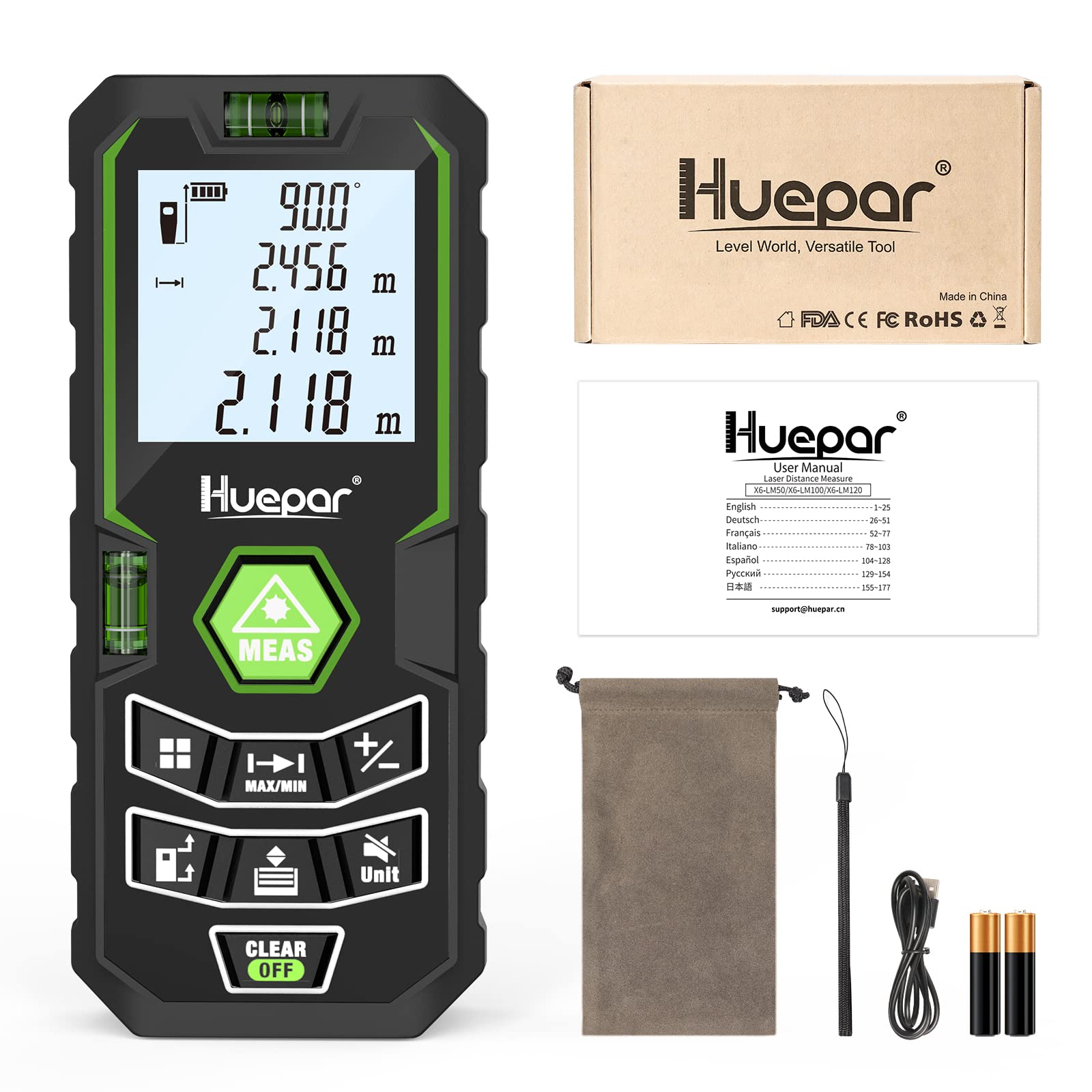 Huepar Laser Distance Measure 165Ft with Rechargeable Battery & Angle Sensor, Backlit LCD Laser Meter M/in/Ft with Mute Function&Multi-Measurement Modes, Distance Pythagorean, Area&Volume -X6-LM50