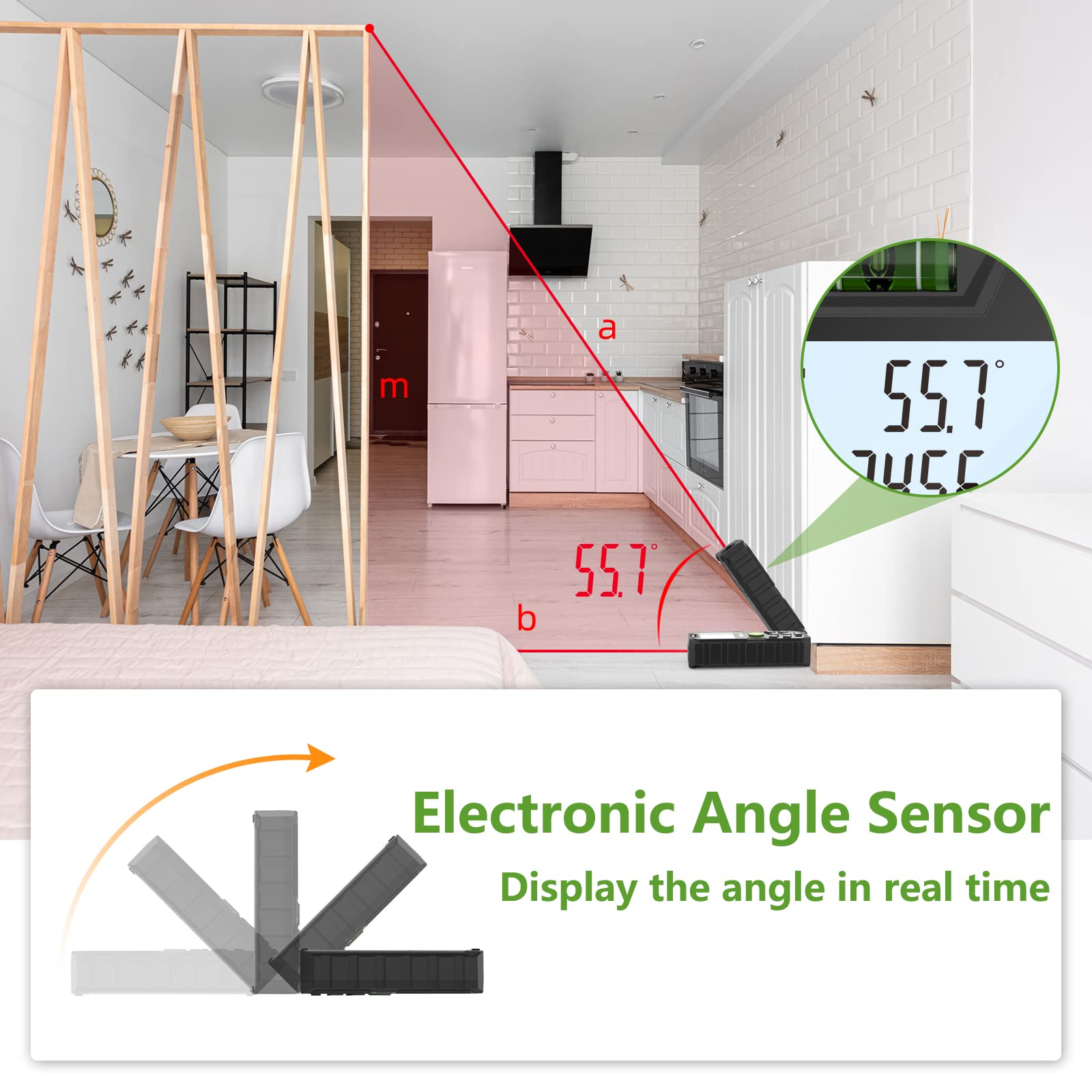 Huepar Laser Distance Measure 165Ft with Rechargeable Battery & Angle Sensor, Backlit LCD Laser Meter M/in/Ft with Mute Function&Multi-Measurement Modes, Distance Pythagorean, Area&Volume -X6-LM50