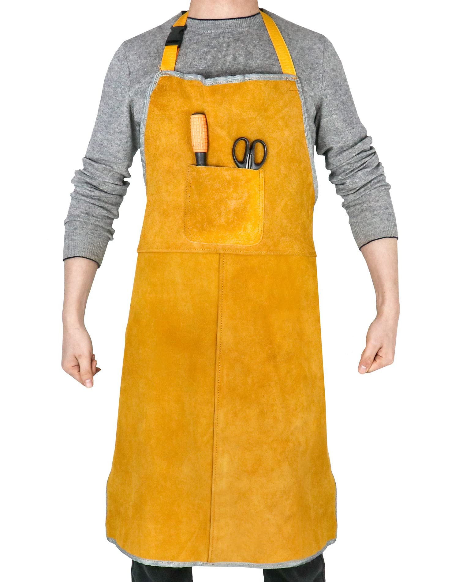 QWORK Leather Welding Work Apron - Flame and Welding Spatter Resistant - Adjustable Harness - Suitable for Welders, Blacksmiths