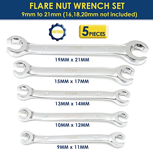 YIYEIE Flare Nut Wrench Set, Metric 5-Piece, Brake Line Wrench Set 9, 10, 11, 12, 13, 14, 15, 17, 19, 21 mm, CR-V Steel, with Roll-up Pouch