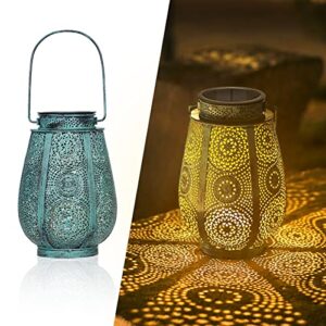 solar outdoor lantern hanging lights, bonsery ip65 solar lantern outdoor waterproof metal garden retro decorative, led hanging solar lantern patio terrace balcony decor 15 lumens turquoise