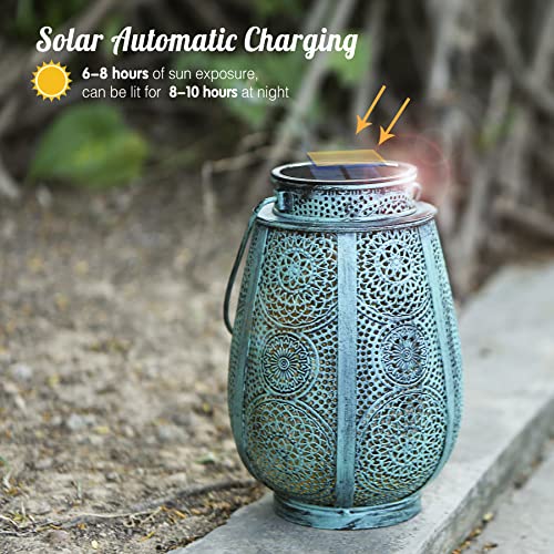 Solar Outdoor Lantern Hanging Lights, Bonsery IP65 Solar Lantern Outdoor Waterproof Metal Garden Retro Decorative, LED Hanging Solar Lantern Patio Terrace Balcony Decor 15 lumens Turquoise