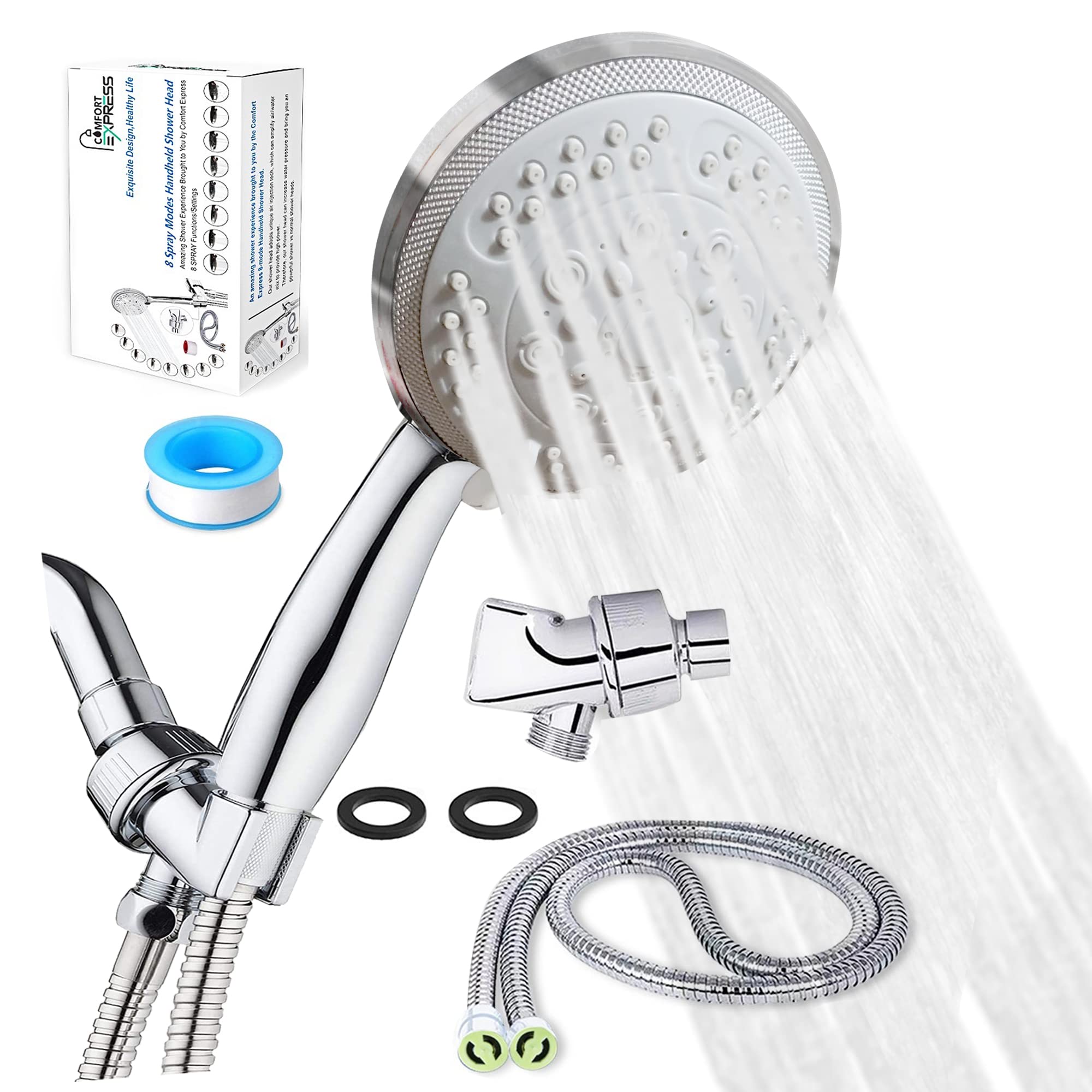 Comfort Express 8 Settings Hand held Shower Head with Hose, High Pressure Shower Head with Adjustable Shower Arm Bracket, Teflon Tap & 59.1in Shower Hose- Durable Showerhead Handheld Polished Chrome