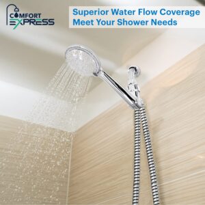 Comfort Express 8 Settings Hand held Shower Head with Hose, High Pressure Shower Head with Adjustable Shower Arm Bracket, Teflon Tap & 59.1in Shower Hose- Durable Showerhead Handheld Polished Chrome