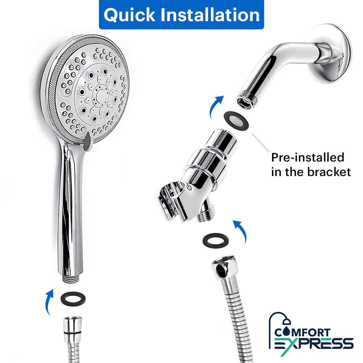 Comfort Express 8 Settings Hand held Shower Head with Hose, High Pressure Shower Head with Adjustable Shower Arm Bracket, Teflon Tap & 59.1in Shower Hose- Durable Showerhead Handheld Polished Chrome