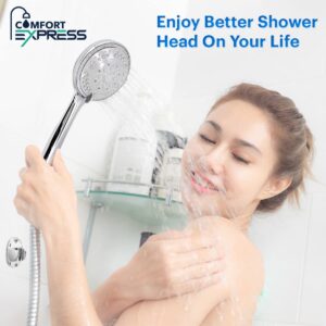 Comfort Express 8 Settings Hand held Shower Head with Hose, High Pressure Shower Head with Adjustable Shower Arm Bracket, Teflon Tap & 59.1in Shower Hose- Durable Showerhead Handheld Polished Chrome