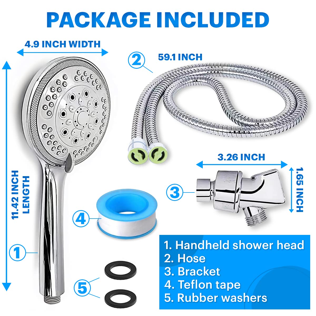 Comfort Express 8 Settings Hand held Shower Head with Hose, High Pressure Shower Head with Adjustable Shower Arm Bracket, Teflon Tap & 59.1in Shower Hose- Durable Showerhead Handheld Polished Chrome