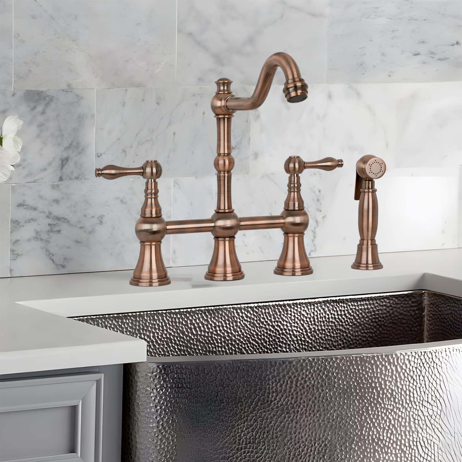 Two-Handles Bridge Kitchen Faucet with Side Sprayer (Antique Copper)