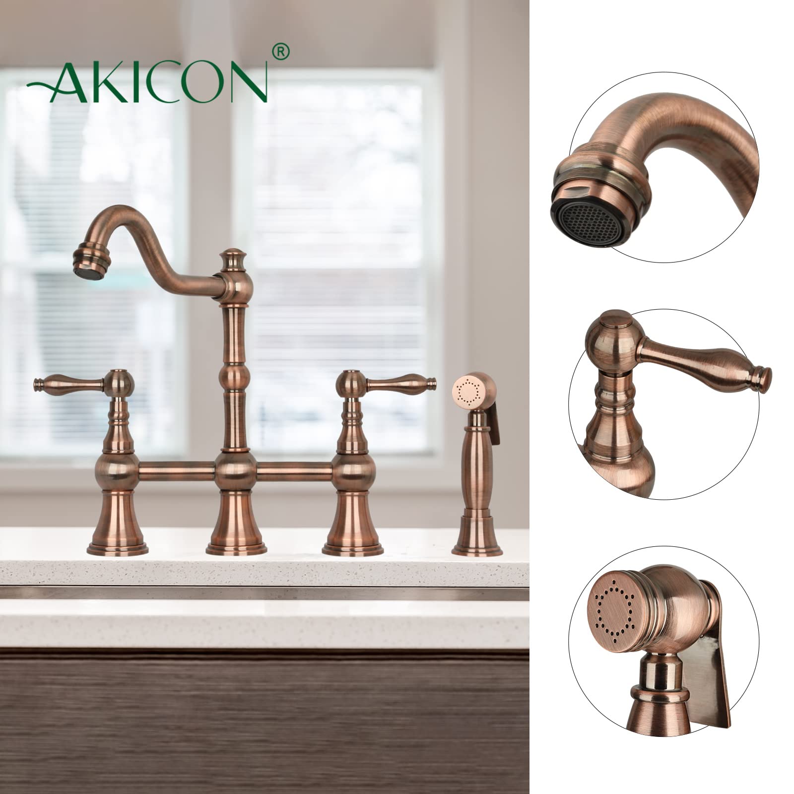 Two-Handles Bridge Kitchen Faucet with Side Sprayer (Antique Copper)