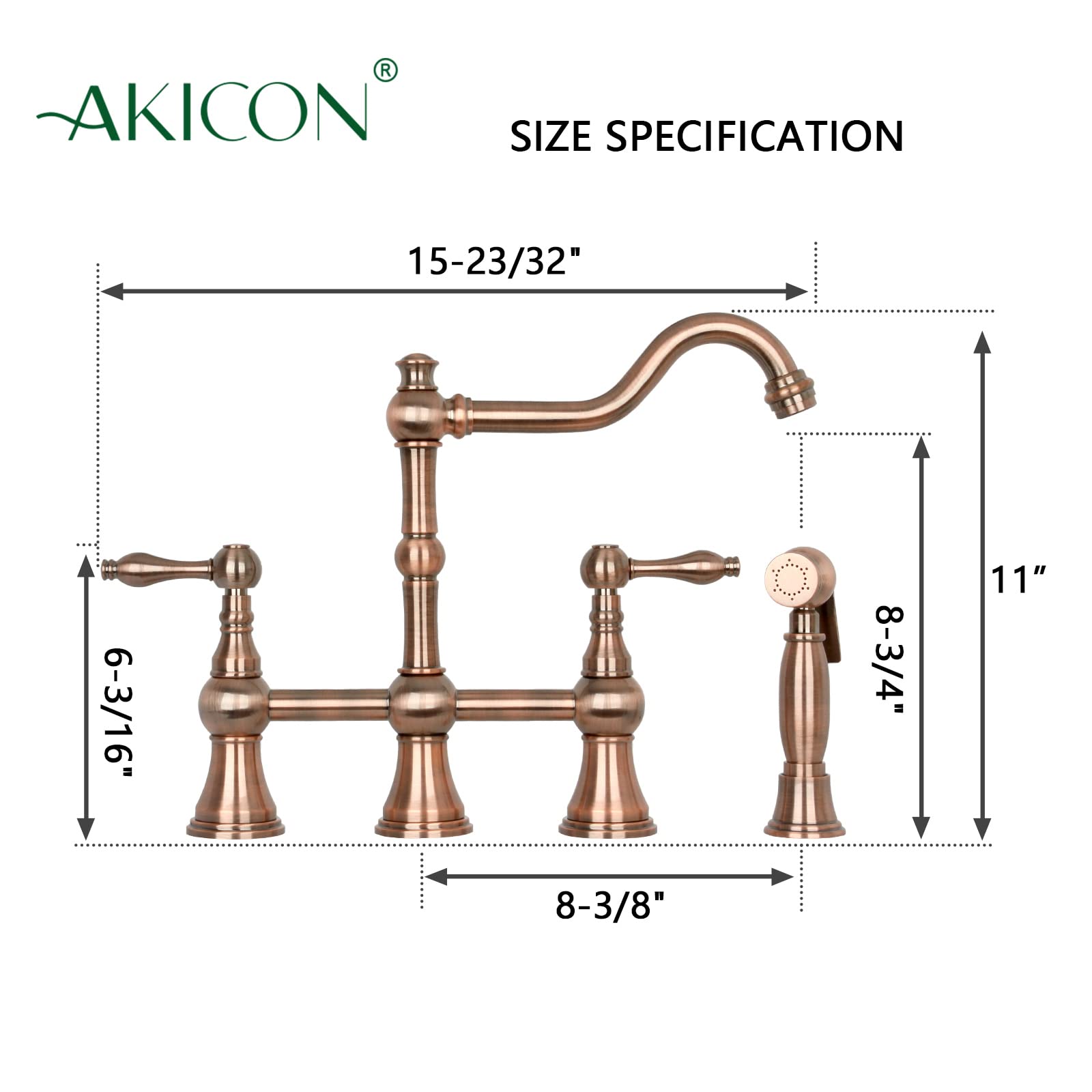 Two-Handles Bridge Kitchen Faucet with Side Sprayer (Antique Copper)