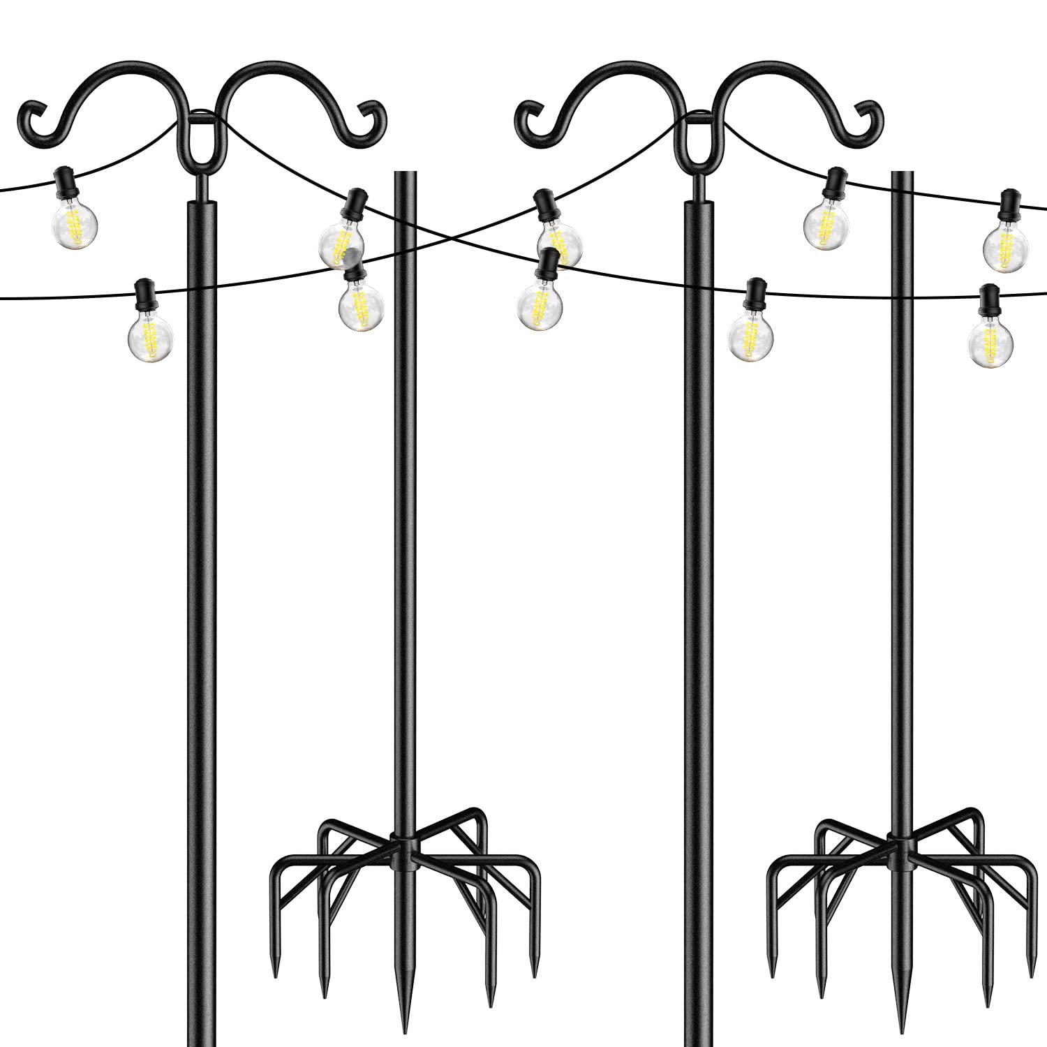 Outdoor String Light Pole 2 Pack, 7-Prong Backyard Steel Patio Light Poles with 2 Optional Hooks and Fence Brackets for Deck Garden Holiday Wedding