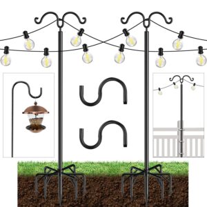 Outdoor String Light Pole 2 Pack, 7-Prong Backyard Steel Patio Light Poles with 2 Optional Hooks and Fence Brackets for Deck Garden Holiday Wedding