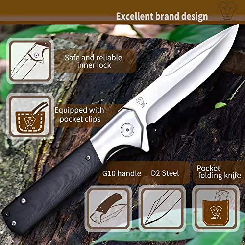 Amris D2 Steel Folding Knife, V20 Inner Lock Bearing Pocket Knife, Hunting Knife, Outdoor Military Tactical Knife, Camping Mountaineering Hunting Survival Knife, Hunting Knife, Bush Knife, Gift for Men