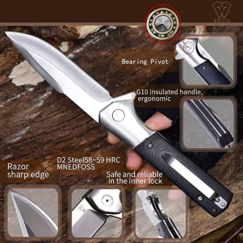 Amris D2 Steel Folding Knife, V20 Inner Lock Bearing Pocket Knife, Hunting Knife, Outdoor Military Tactical Knife, Camping Mountaineering Hunting Survival Knife, Hunting Knife, Bush Knife, Gift for Men