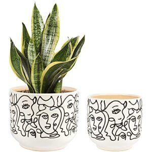 gohearin ceramic planter - 6.6+5.4 inch flower pot w/drain hole forindoor or outdoor, gardening decoration gift -face image flowerpot - set of 2