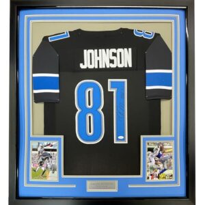 framed autographed/signed calvin johnson 33x42 hof 21 detroit black football jersey jsa coa