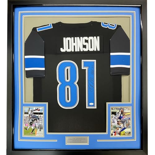 Framed Autographed/Signed Calvin Johnson 33x42 HOF 21 Detroit Black Football Jersey JSA COA