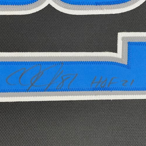 Framed Autographed/Signed Calvin Johnson 33x42 HOF 21 Detroit Black Football Jersey JSA COA