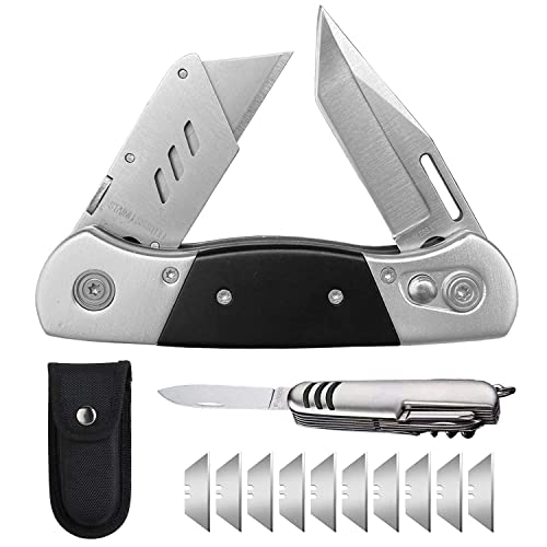 Folding Utility Knife with Sheath and 10 Razor Blades, Heavy Duty Box Cutter Knife with Dual Blades, Construction Knife Electrician Knife for Carpet Cardboard Work, Pocket Knives Set Gift for Men