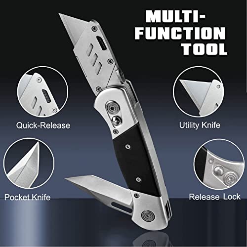 Folding Utility Knife with Sheath and 10 Razor Blades, Heavy Duty Box Cutter Knife with Dual Blades, Construction Knife Electrician Knife for Carpet Cardboard Work, Pocket Knives Set Gift for Men