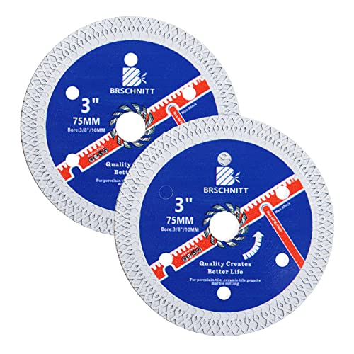 Super Thin Diamond Porcelain Saw Blade with X Teeth,BRSCHNITT 2pcs 3 Inch (75mm) x Arbor 3/8 Inch (10mm) Angle Grinder Diamond Cutting Disc for Dry/Wet Cutting Porcelain Tile Ceramic Marble Granite