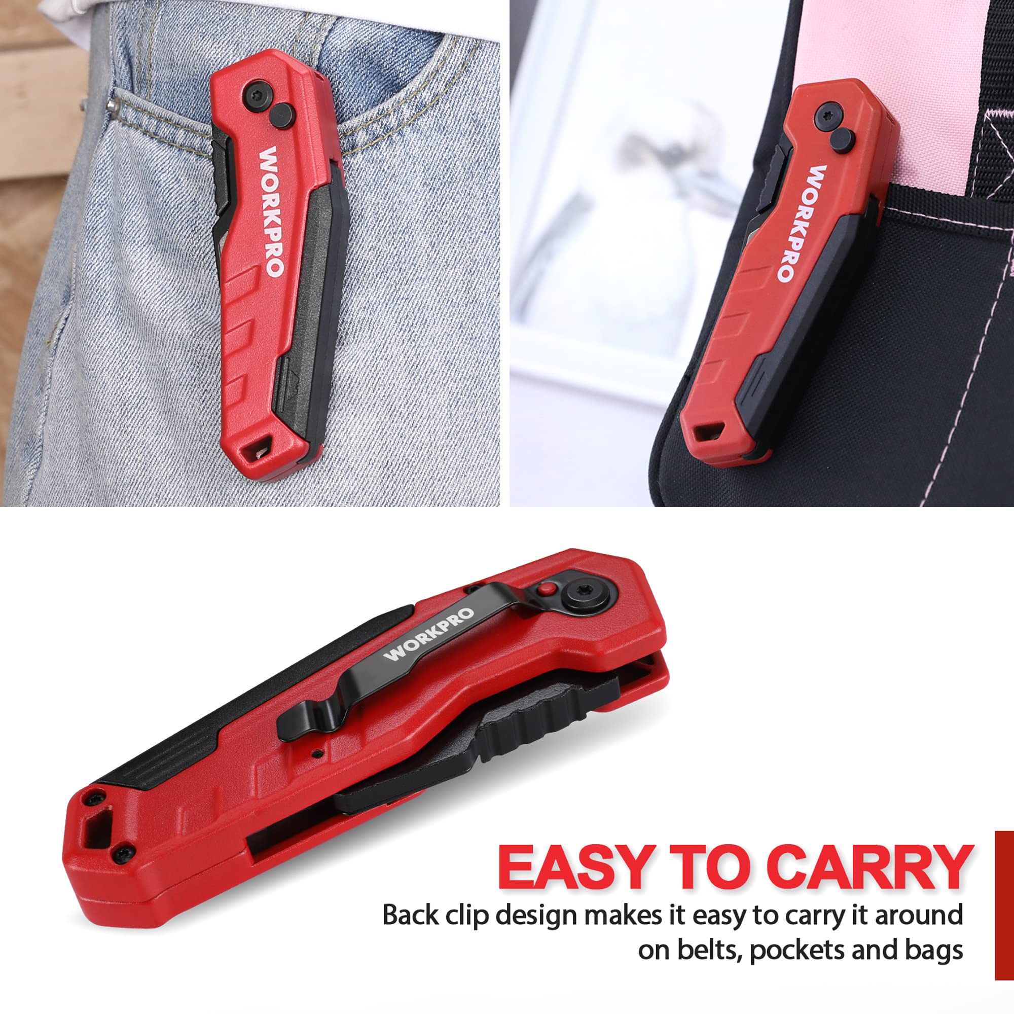 WORKPRO Folding Utility Knife, Quick Change Box Cutter, Razor Knife for Cartons, Cardboard, Boxes, Blade Storage in Aluminum Handle, 13 Extra Blades Included (Red)