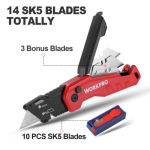 WORKPRO Folding Utility Knife, Quick Change Box Cutter, Razor Knife for Cartons, Cardboard, Boxes, Blade Storage in Aluminum Handle, 13 Extra Blades Included (Red)