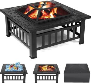 anraja fire pit 32'' wood burning firepit metal square outdoor fire tables steel bbq grill fire pit bowl with spark screen cover, poker log grate for patio bonfire camping backyard garden picnic