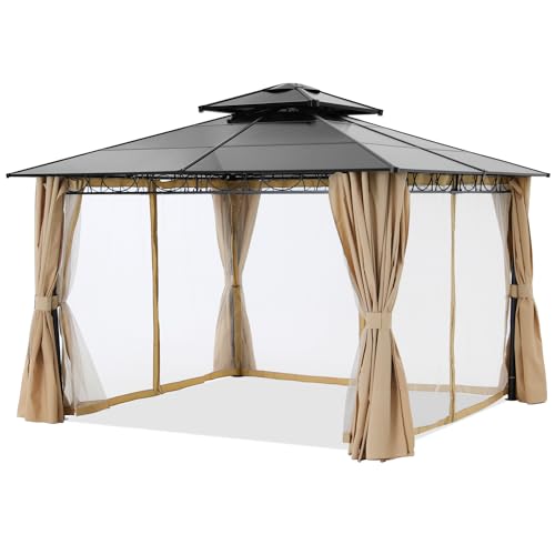 10x10 Double Roof Hardtop Patio Gazebo with Curtains and Netting by ABCCANOPY