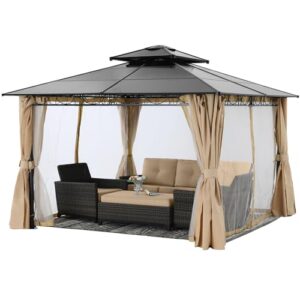 10x10 Double Roof Hardtop Patio Gazebo with Curtains and Netting by ABCCANOPY