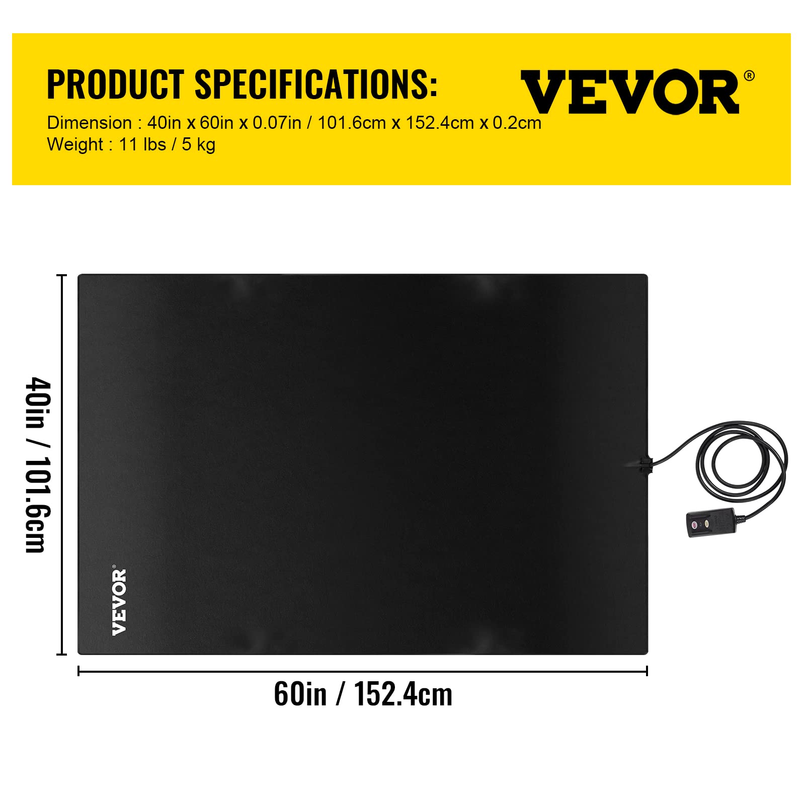 VEVOR, 40in x 60in Walkway, 120V Ice, PVC Heated 6ft Power Cord, Slip-Proof, Ideal Winter Outdoor Snow Mat, 2'' per Hour Melting Speed, Black