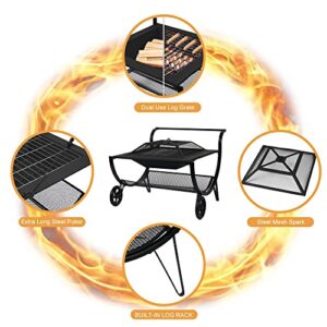 Sundale Outdoor Fire Pits Outdoor Wood Burning with Wheels, 27 Inch Steel Square Firepit BBQ Grill, Grate, Spark Screen, Fire Poker, Portable Fire Pit for Outside Patio Backyard