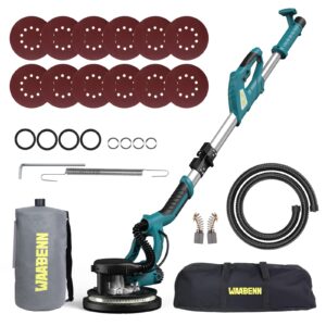 drywall sander, waabenn foldable retractable wall sander 750w, 800-1750rpm speed, 6 adjustable speeds, 12pcs sandpaper, led light with automatic vacuum system