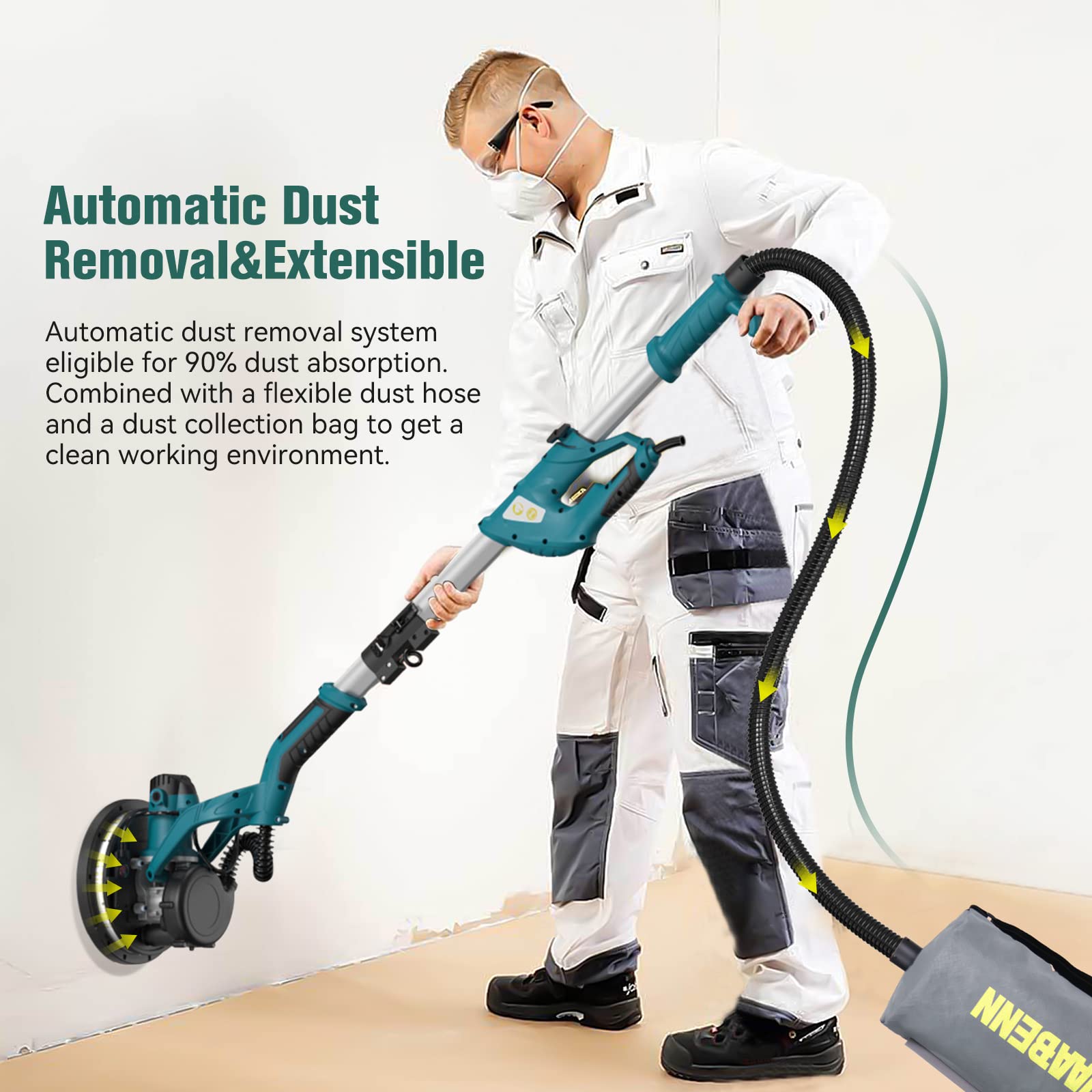 Drywall Sander, WAABENN Foldable Retractable Wall Sander 750W, 800-1750rpm speed, 6 Adjustable Speeds, 12pcs Sandpaper, LED Light with Automatic Vacuum System