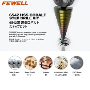 FEWELL M2 Titanium Step Drill Bits 3 Pieces,Straight Flute Step Bit（4mm—12/20/32mm),Hex Shank Unibit for Metal, Wood, Stainless Steel, Plastic（29 Size）